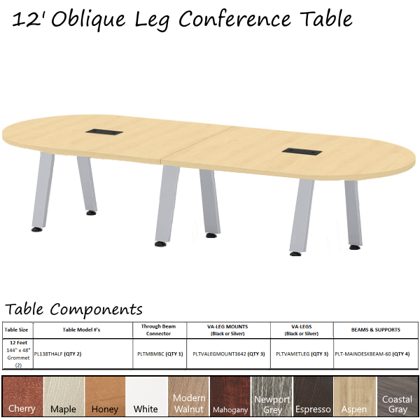 PL 12' Black Oblique Leg Oval Conference Table | 10 Colors