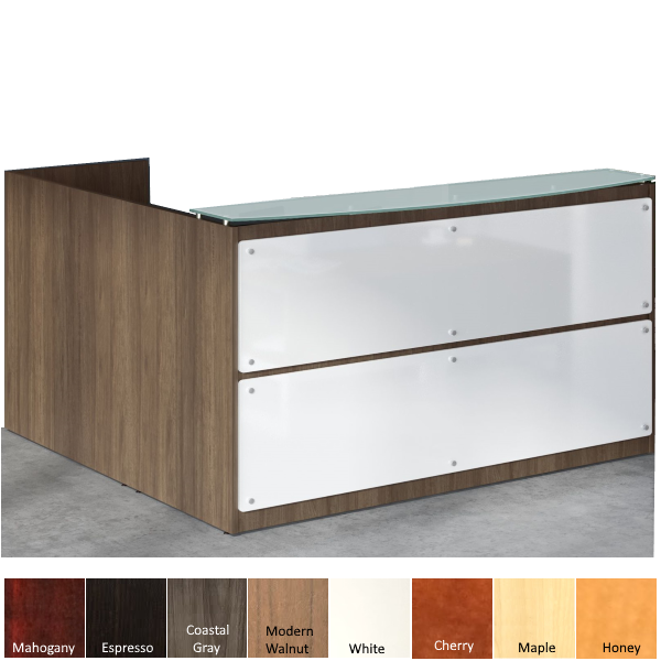 White Glass Panel Reception L-Desk | 10 Colors