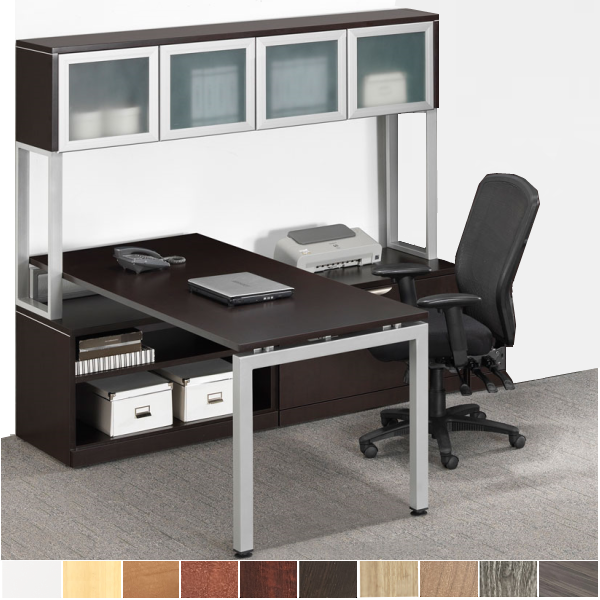 PLT File Bench L-Desk + Glass Hutch | Steel O-Leg Hutch