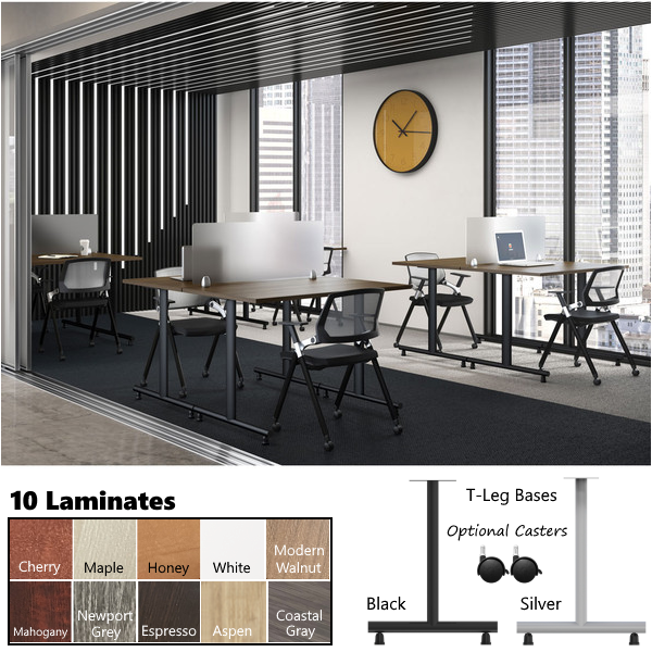 PLT T-Leg Office Table | Mobile or Fixed Leg Base | 10 Colors