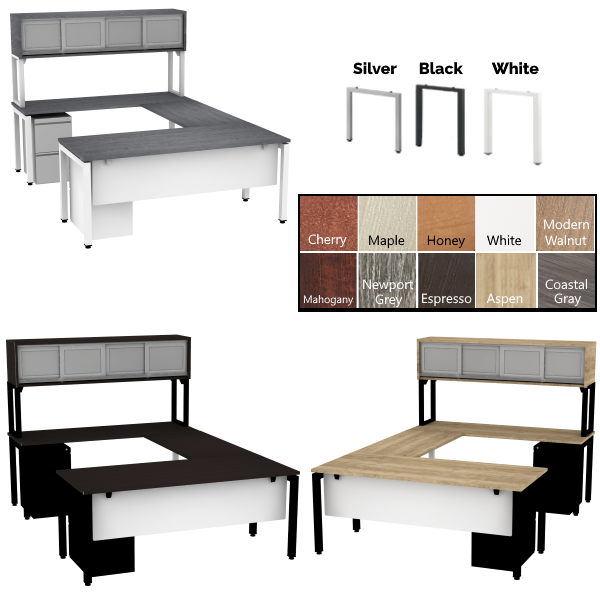 PLT U-Leg U-Shaped Steel Desk + Sliding 4-Door Glass Hutch