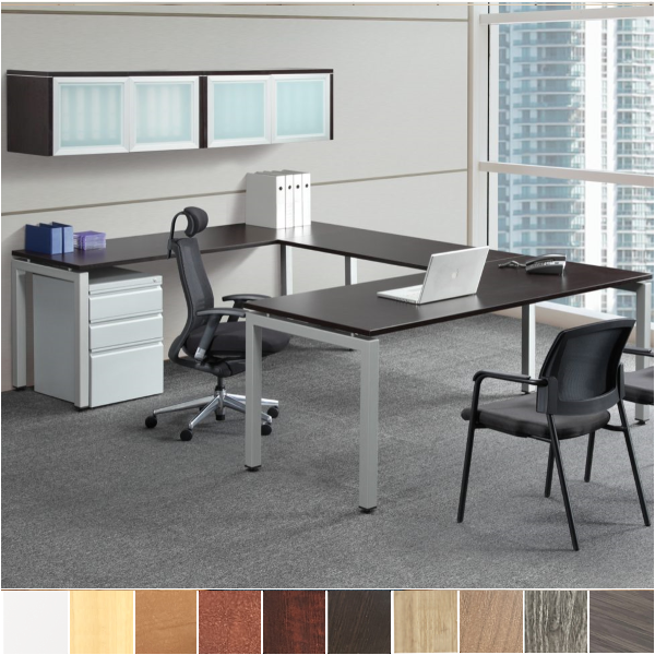 PLT U-Leg U-Shaped Steel Desk + Wall 4-Door Glass Hutch