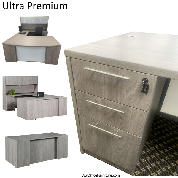 Ultra Premium Bow Glass Front Executive Desk | Grey Oak
