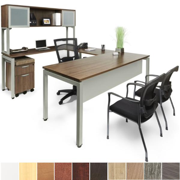 PLT U-Leg Steel U-Desk + Steel Leg 2-Door Glass Hutch