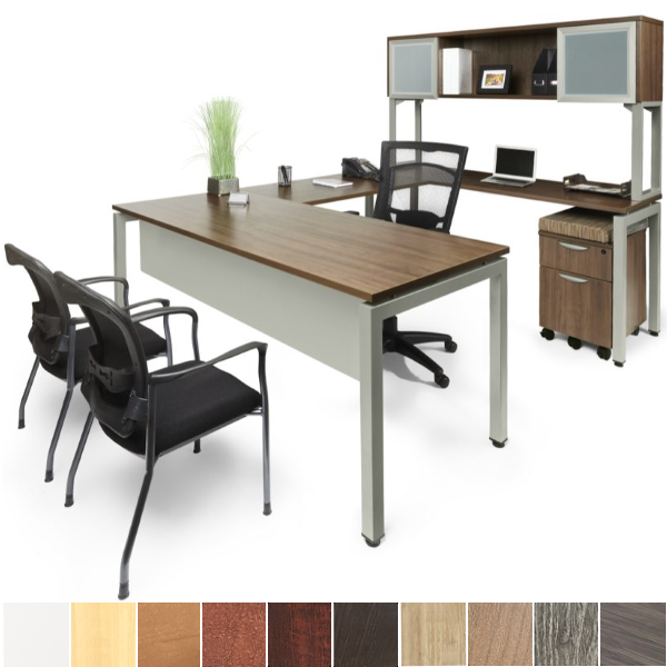 PLT U-Leg Steel U-Desk + Steel Leg 2-Door Glass Hutch