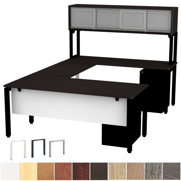 PLT U-Leg U-Shaped Steel Desk + Sliding 4-Door Glass Hutch
