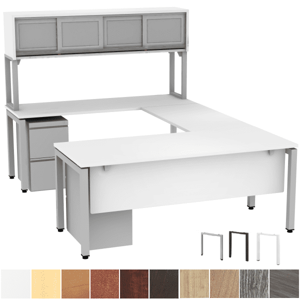 PLT U-Leg U-Shaped Steel Desk + Sliding 4-Door Glass Hutch