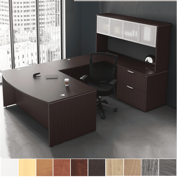 PL 90° U-Desk | Lateral File Credenza | Glass 4-Door Hutch